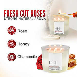HHI Rose Scented All-Natural Soy Candle | Fresh Cut Roses | Large 12 Ounce 3 Wick | Long Burn time | Includes Bamboo Lid and Gift Box