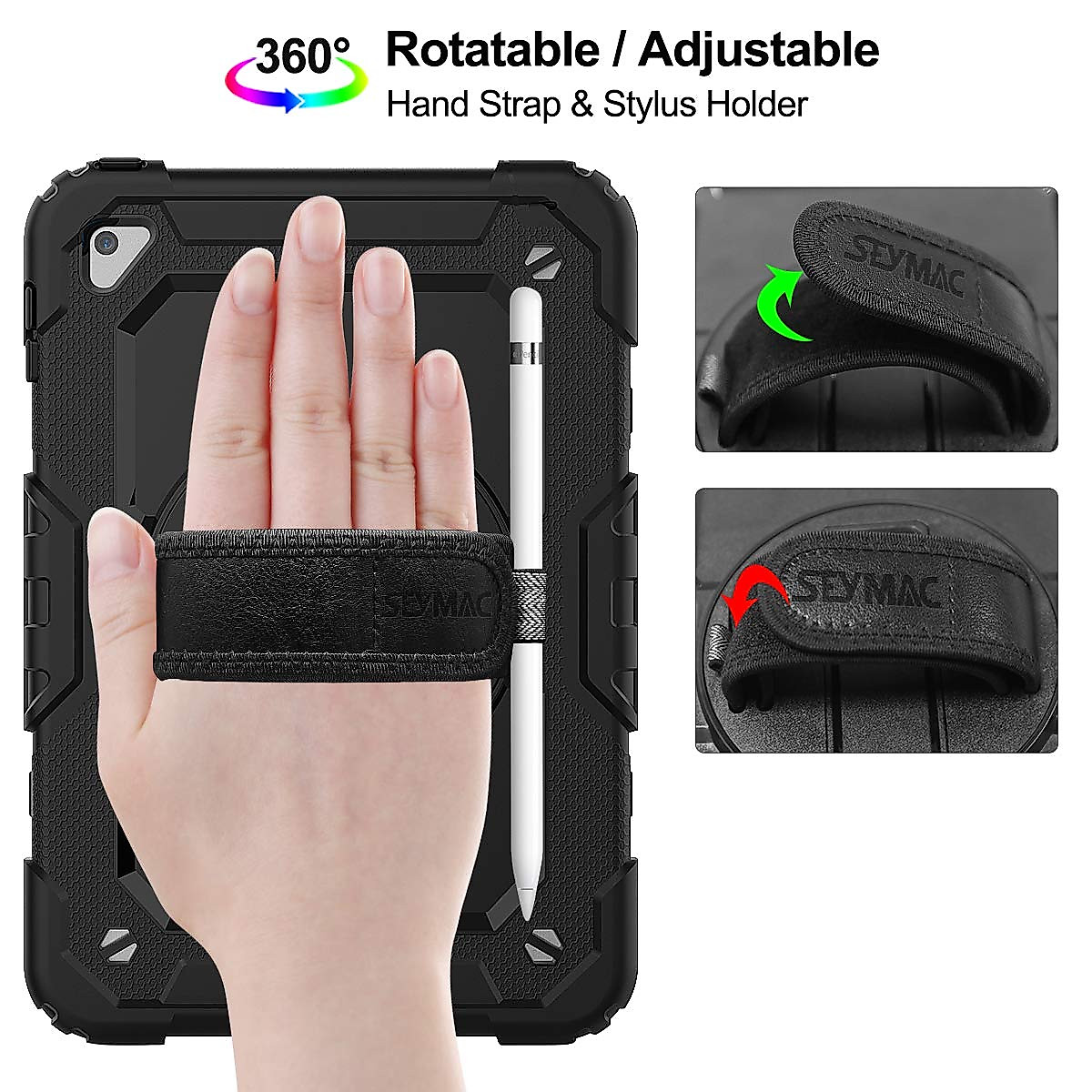 SEYMAC stock Case for iPad Mini 5/4 with Screen Protector Pencil Holder [360 Rotating Hand Strap] & Stand, Drop-Proof Case for iPad Mini 5th/4th Generation 7.9 inch (Black)