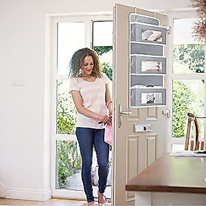 BiSiViO Door Hanging Organizer Nursery Closet Cabinet Baby Storage with 4 Large Pockets, Wall Mount Storage with Clear Window and 2 Widened Metal Hooksfor Cosmetics, Toys and Sundries (Grey)