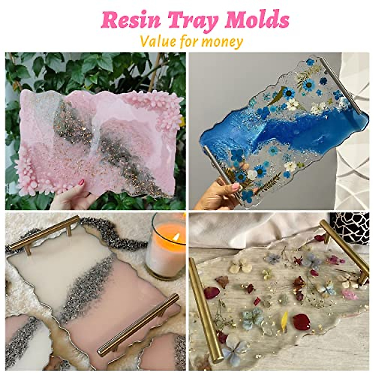 2 Size XL Resin Tray Molds Silicone with Gold & Silver Handles, Epoxy Resin Tray Mold DIY for Making Resin Tray, Crafts, Home Decorations