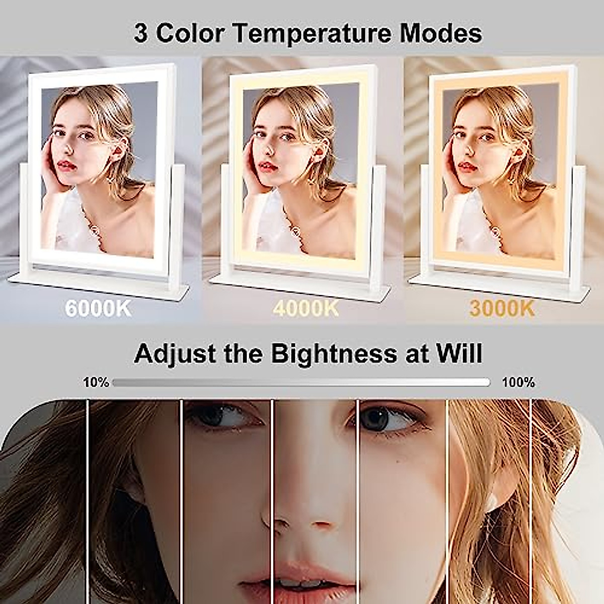 Makeup Mirror with Lights, 16in Fashion Lighted Vanity Mirror with Dimmable Light, Smart Control, Memory, Adjustable Warm White/Natural/Daylight, Birthday Wedding Gift, 360°Rotation White