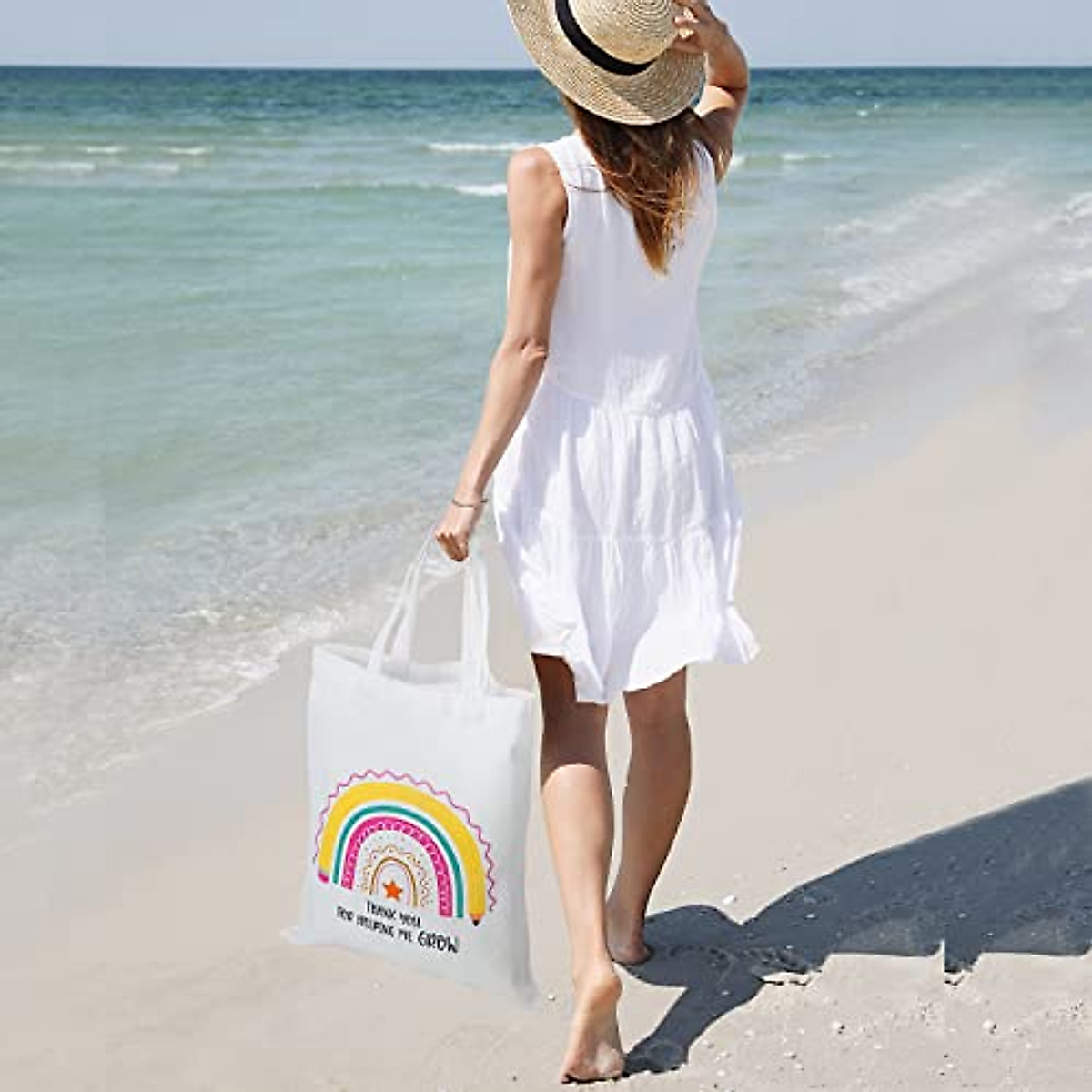 Silkfly 10 Pack Rainbow Teacher Tote Bags Gift for Christmas, Teacher's Day, End of Semester, Retirement Teacher Appreciation Gift Reusable Canvas Bags for Women 15 x 14 Inch