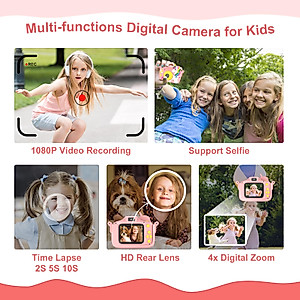 SELPONT Toys for Girls Ages 3-8+, Upgrade Kids Selfie 1080P Digital Video Camera for Toddler with Cartoon Silicone Cover, Christmas Birthday Gifts for Girls, Portable Camera with 32GB SD Card-Pink