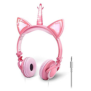 ONTA Unicorn Kids Headphones, Cat Ear LED Light Up Foldable Earphone Wired Over On Ear for Girls Boys,Kids Headband Toddler Tablet for School Supply/Travel/Holiday/Birthday/Cosplay Gifts(Peach)