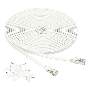 Amazon Basics RJ45 Cat 7 Ethernet Patch Cable, Flat, 600MHz, Snagless, Includes 15 Nails, 30 Foot, White
