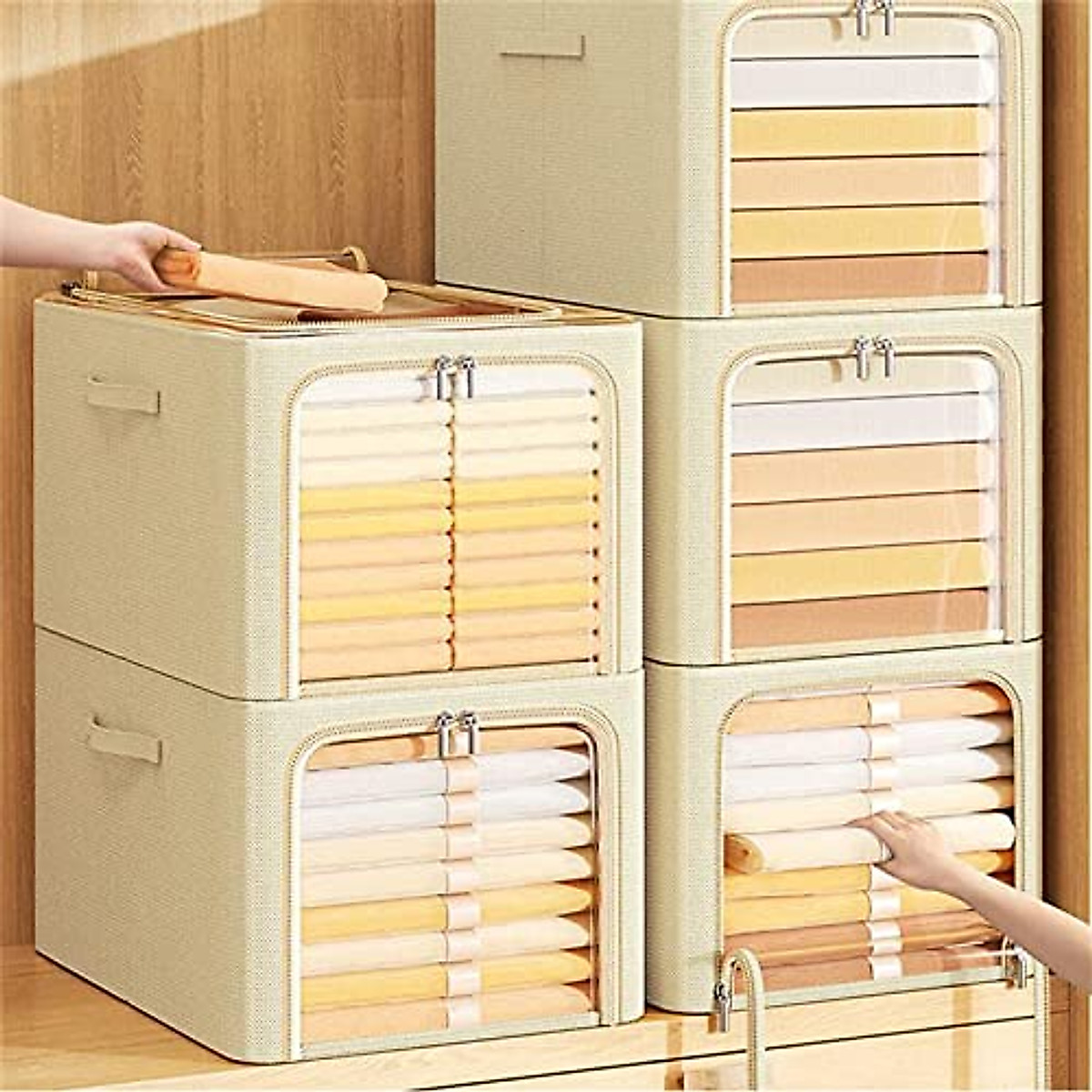 Clothes Storage Organizer Bins Containers, Waterproof Cotton Linen Steel Frame Storage Box, Stackable Storage Bins for Clothing Storage with Clear Window & Reinforced Handles, 1PC (31L, beige)