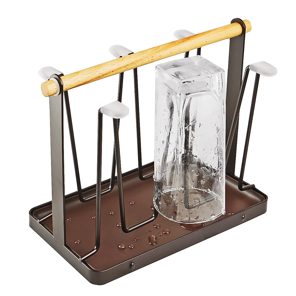 BYFU Cup Drying Rack Stand with Drain Tray, Metal Bottle Drying Organizer with Wood Handle for 6 Cups or Mugs