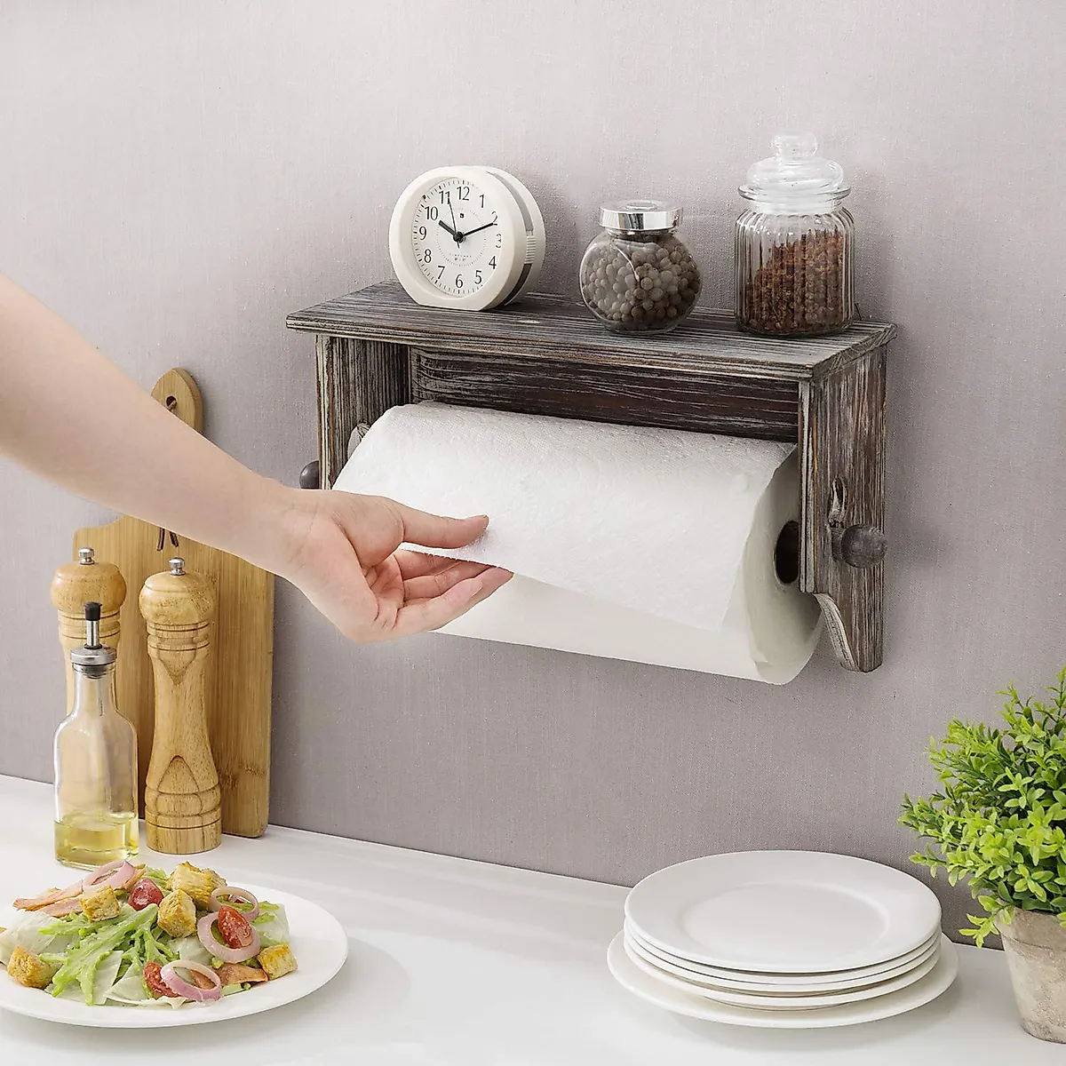 MyGift Wall Mounted Solid Torched Wood Paper Towel Roll Holder with Display Storage Shelf, Kitchen Hand Towel Bar with Top Storage Spice Rack