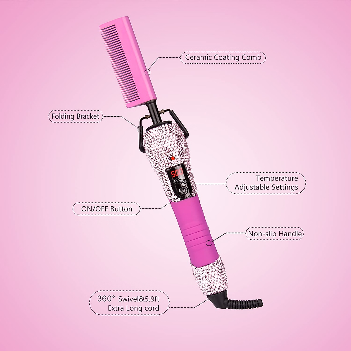 LURA Pink 180-500°F Hot Comb Electric for Wigs, Straightening for African American Hair,Pressing for Natural Black, Bling Diamonds Straightener Brush for Women Thick Hair…