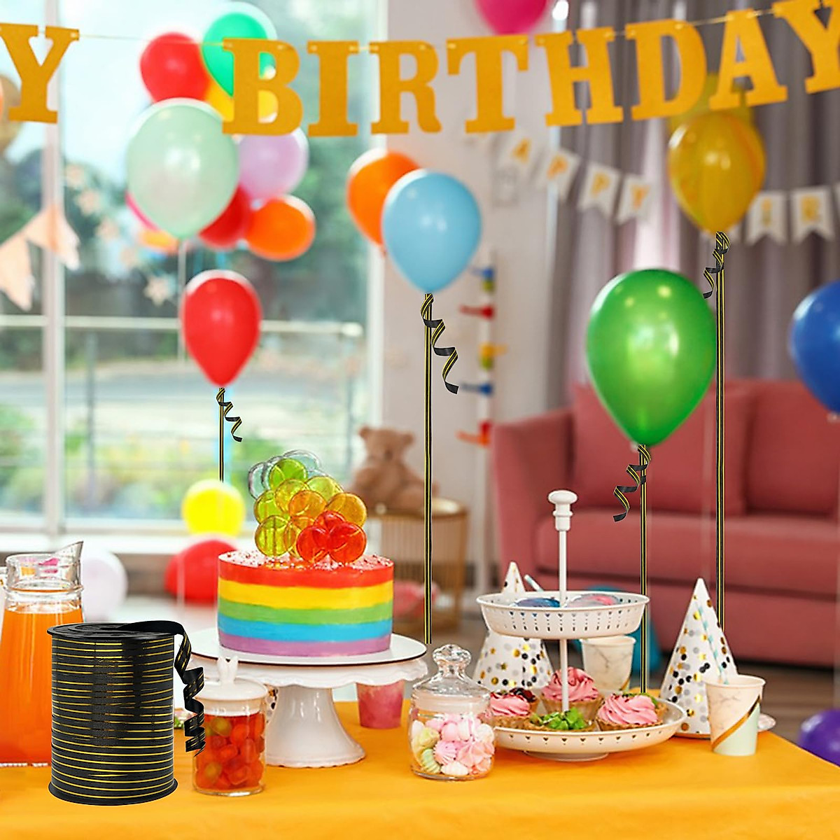 Black and Gold Shiny Curling Shiny Ribbon，219 Yard Ribbon for Balloons，Ribbon for Gift Wrapping，Curling Ribbon for Craft