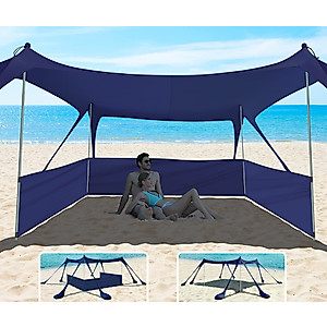 EYEFAME UPF50+ Anti-Wind Beach Tent with Sandproof Private Beach Wind Screen, Stable 8 Sandbags Design Beach Canopy Sun Shade with Carrying Bag, Portable Easy Assemble Sun Shelter for Outdoor Camping