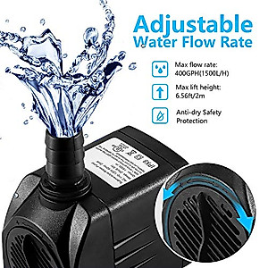 CWKJ Fountain Pump, 2 Packs 400GPH(25W 1500L/H) Submersible Water Pump, Durable Outdoor Fountain Water Pump with 6.5ft Tubing (ID x 1/2-Inch), 3 Nozzles for Aquarium, Pond, Fish Tank, Water Pump
