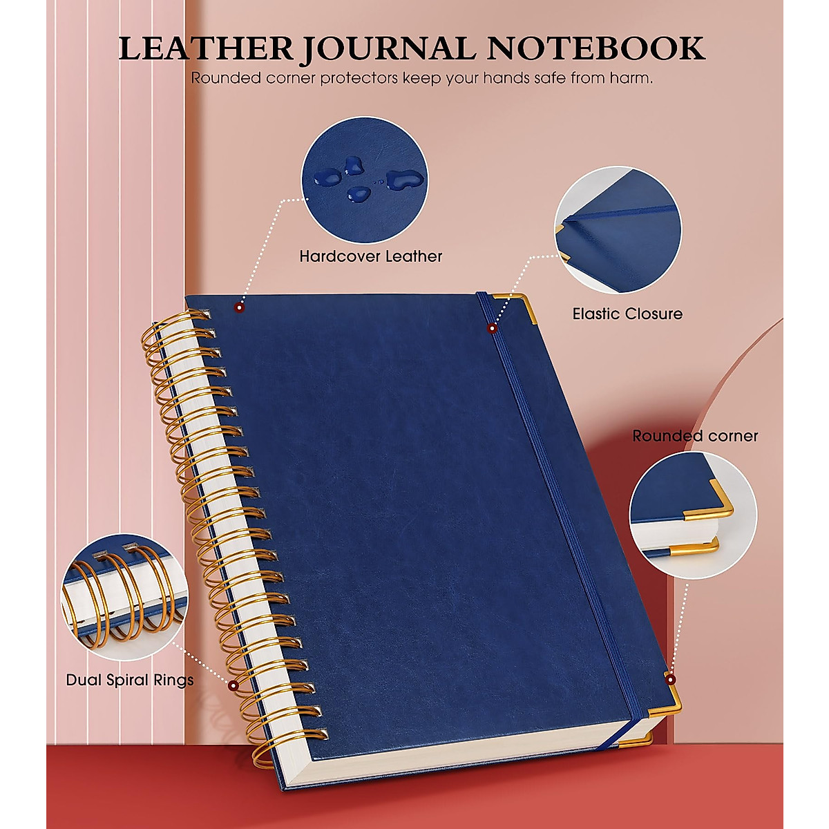 Spiral Notebook Journal 8.5” x 11”, 300 Pages Hardcover Leather Lined Journals for Women Men, A4 Large College Ruled Notebooks with 100 GSM Thick Paper, Spiral Journal for Writing Work School, Navy
