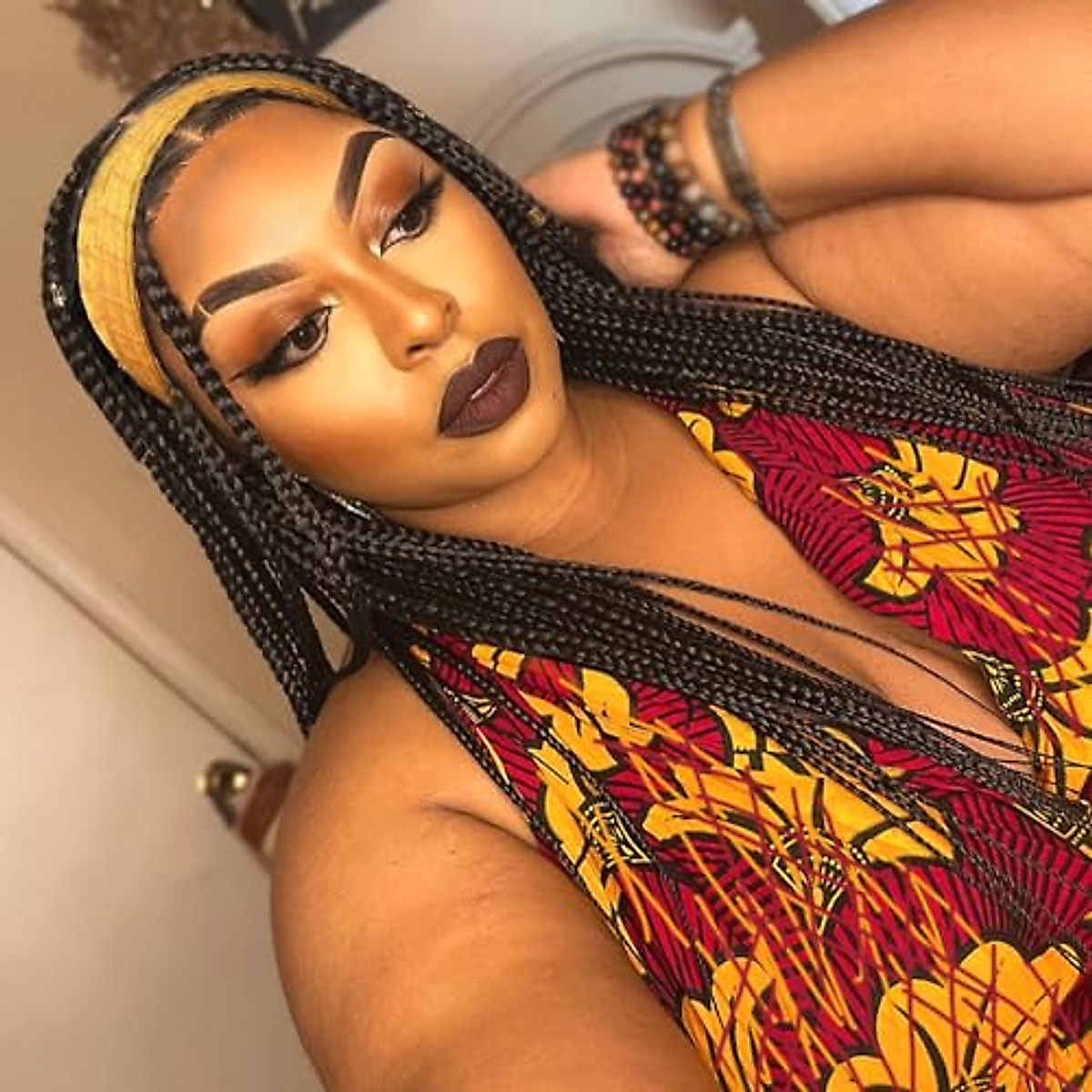 Braided Wigs with Headband Attached for Black Women Twist Crochet Hair Wrap Jumbo Synthetic Cornrow Black Box Braid Long CrochetTwistWig 30Inch