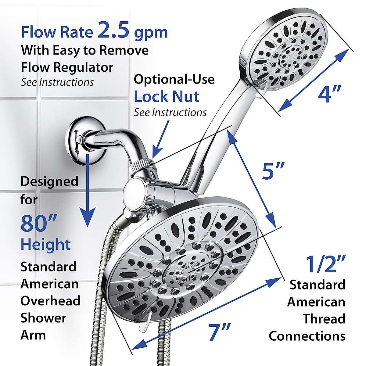 AquaDance 7" Premium High Pressure 3-Way Rainfall Combo for The Best of Both Worlds - Enjoy Luxurious Rain Showerhead and 6-Setting Hand Held Shower Separately or Together - Chrome Finish - 3328