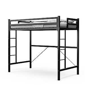 AOVSA Metal Loft Bed Twin Size with 2 Ladders, Junior Metal Twin Over Loft Bunk Bed with Safety Guard for Adults Teens/Space-Saving/Noise Free/No Box Spring Needed - Black