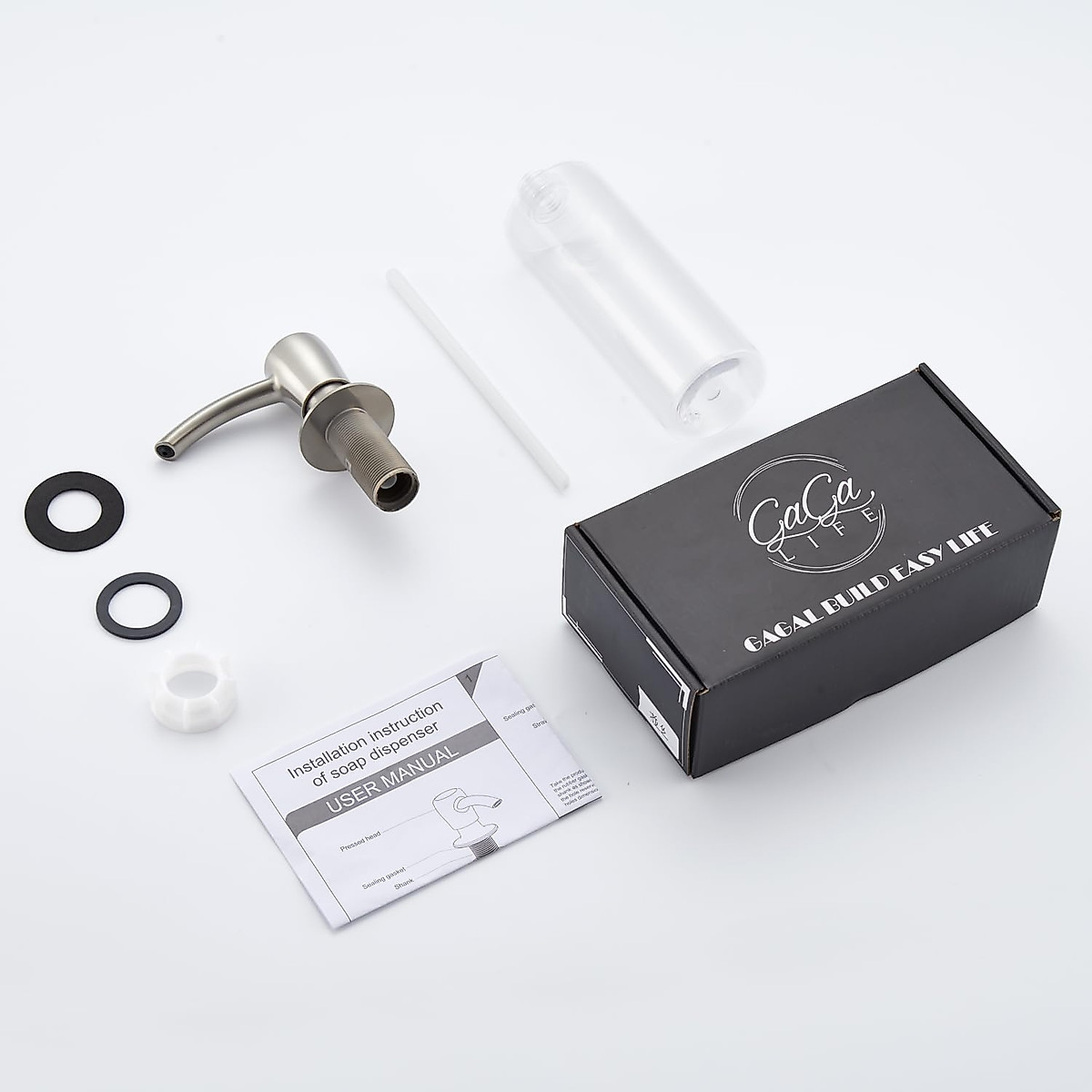 GAGALIFE Sink Soap Dispenser with 17 OZ Large Bottle, Built in Sink Soap Dispenser for Kitchen Sink, Refill from The Top, Sink Soap Dispenser Pump (Brushed Nickel)