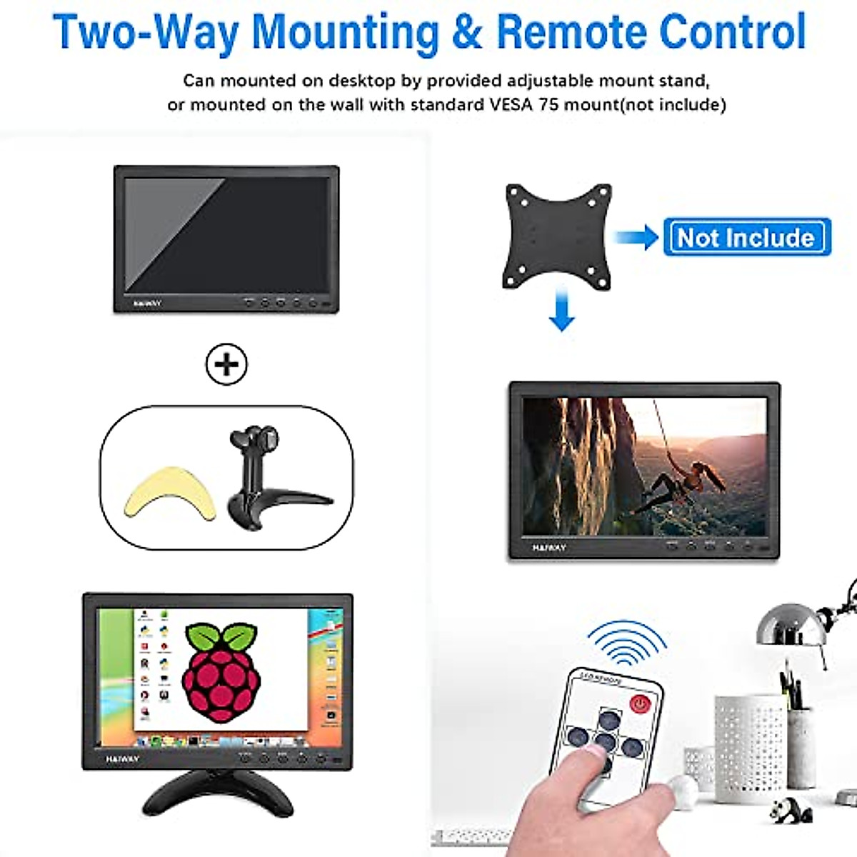 Haiway 10.1 inch Security Monitor, 1366x768 Resolution Small HDMI Monitor Small Portable Monitor with Remote Control with Built-in Dual Speakers HDMI VGA BNC USB Input for Gaming CCTV Raspberry Pi PC