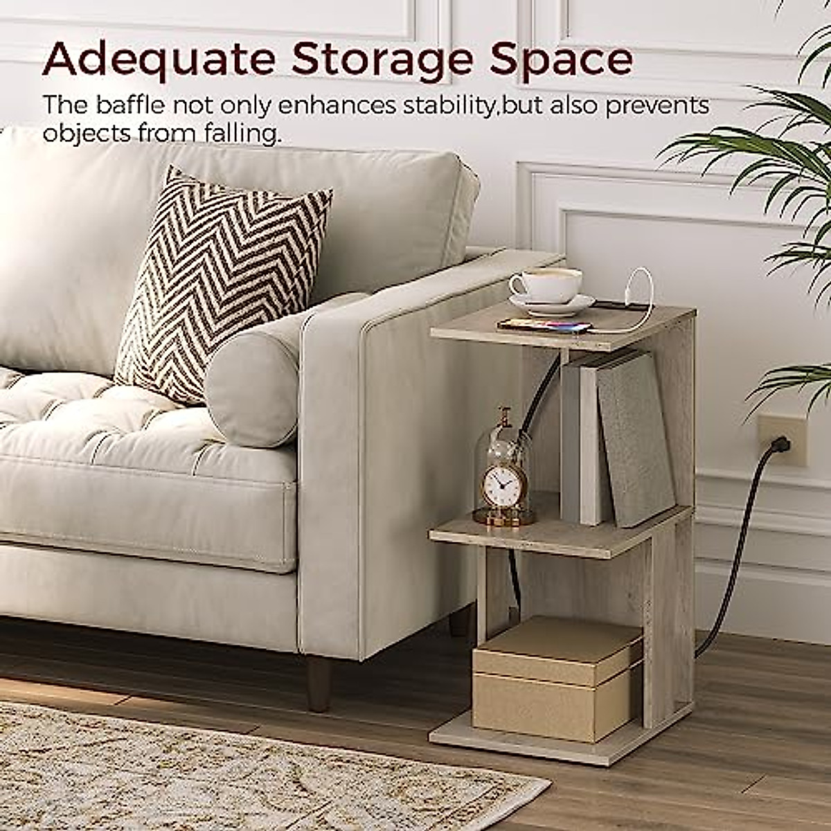 MAHANCRIS End Table with Charging Station, Narrow Side Table for Small Spaces, Sofa Couch Table with Storage Shelf, Slim Nightstand with Light, Beside Table for Bedroom, Living Room, Greige ETHG18E01