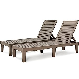 BLUU Chaise Lounge Chairs for Outdoor Patio Use | Adjustable with 5 Positions | Wood Texture Design | Waterproof | Easy to Assemble | Max Weight 330 lbs | Set of 2