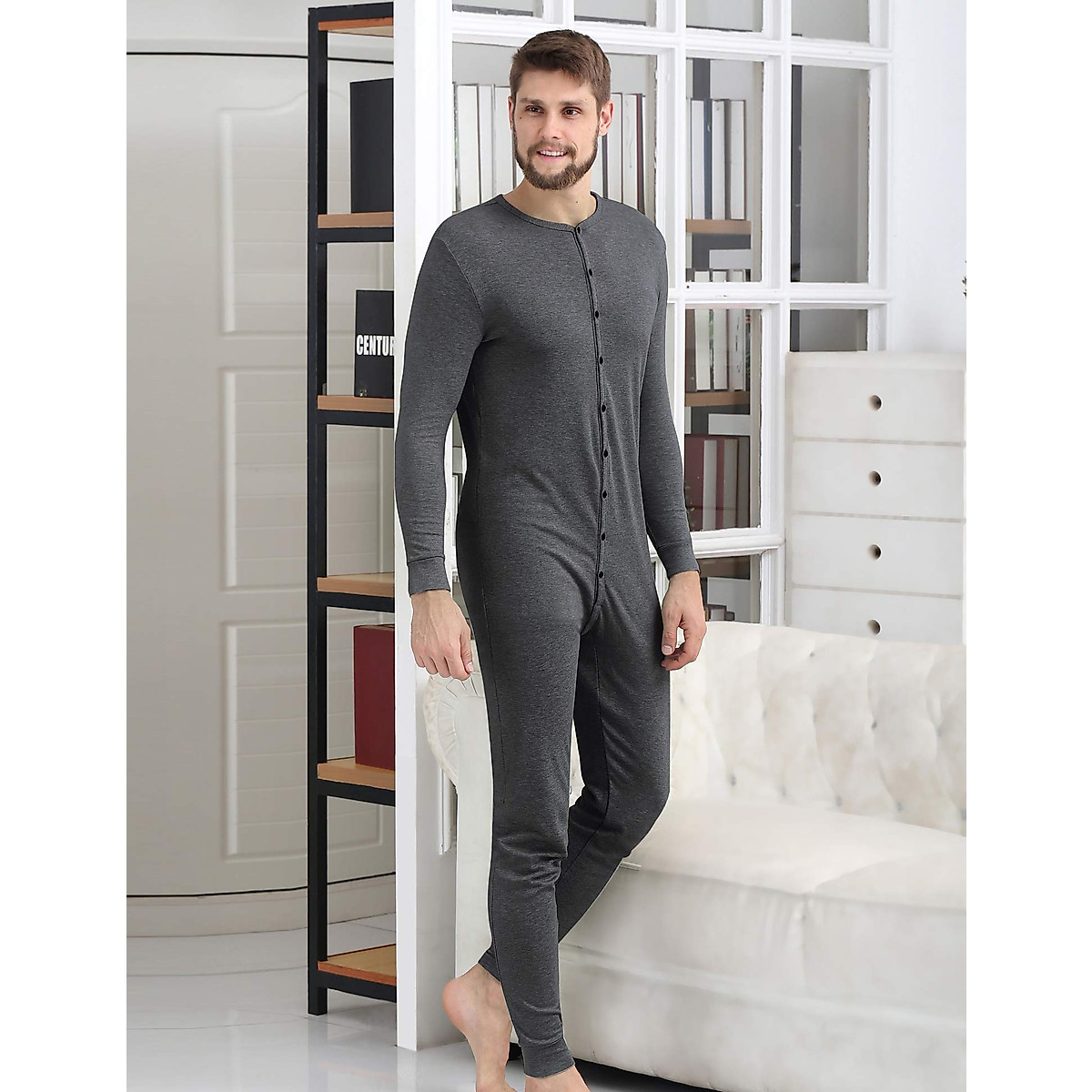COLORFULLEAF Men's Cotton Thermal Underwear Henley Union Suits Onesies Base Layer (Dark Grey, M)