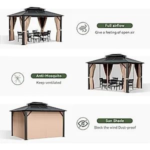 Aoxun 12' X 20' Hardtop Gazebo, Galvanized Steel Double Top, Aluminum Metal Gazebo with Curtains and Netting, Permanent Gazebo Pavilion for Wedding, Party, Outdoor Dining