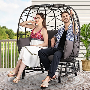 RADIATA Oversized Wicker Double Egg Chair w/ 7 Cushions 500lb Capacity Lounge Basket with Strong Heavy-Duty Steel Frame for Indoor Outdoor Patio Backyard Living Room (Gray)