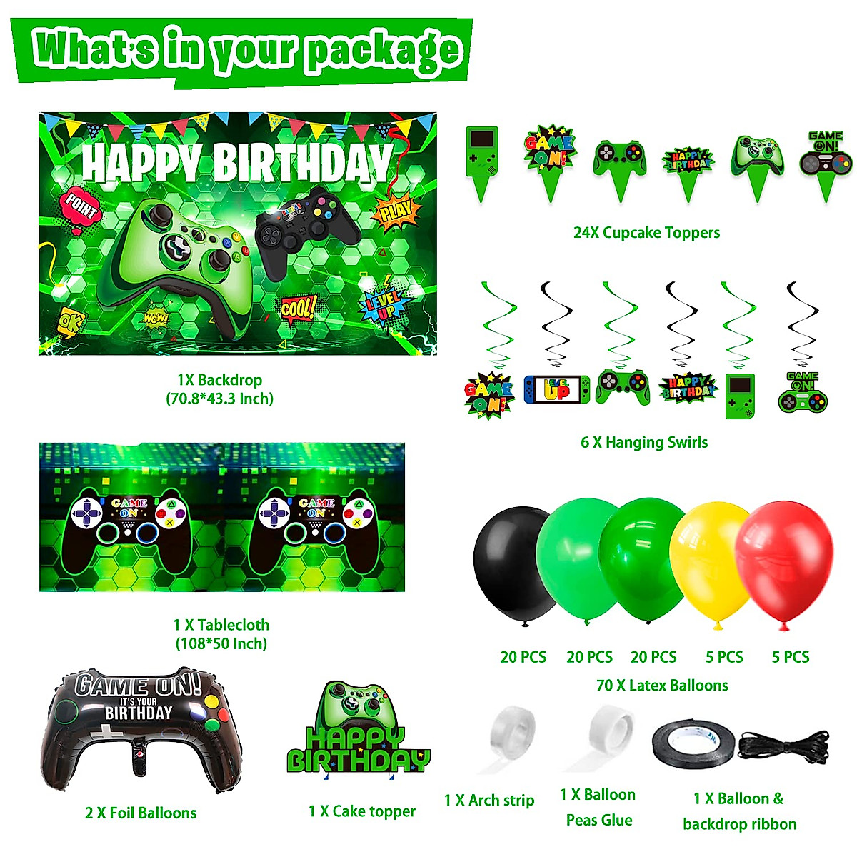KimaruLZ Video Game Birthday Party Decorations - 108Pcs Green Gamer Gaming Party Supplies For Boys Birthday Party - Birthday Backdrop, Table Cover, Hanging Swirls, Cupcake Topper, Cake Topper, Balloon