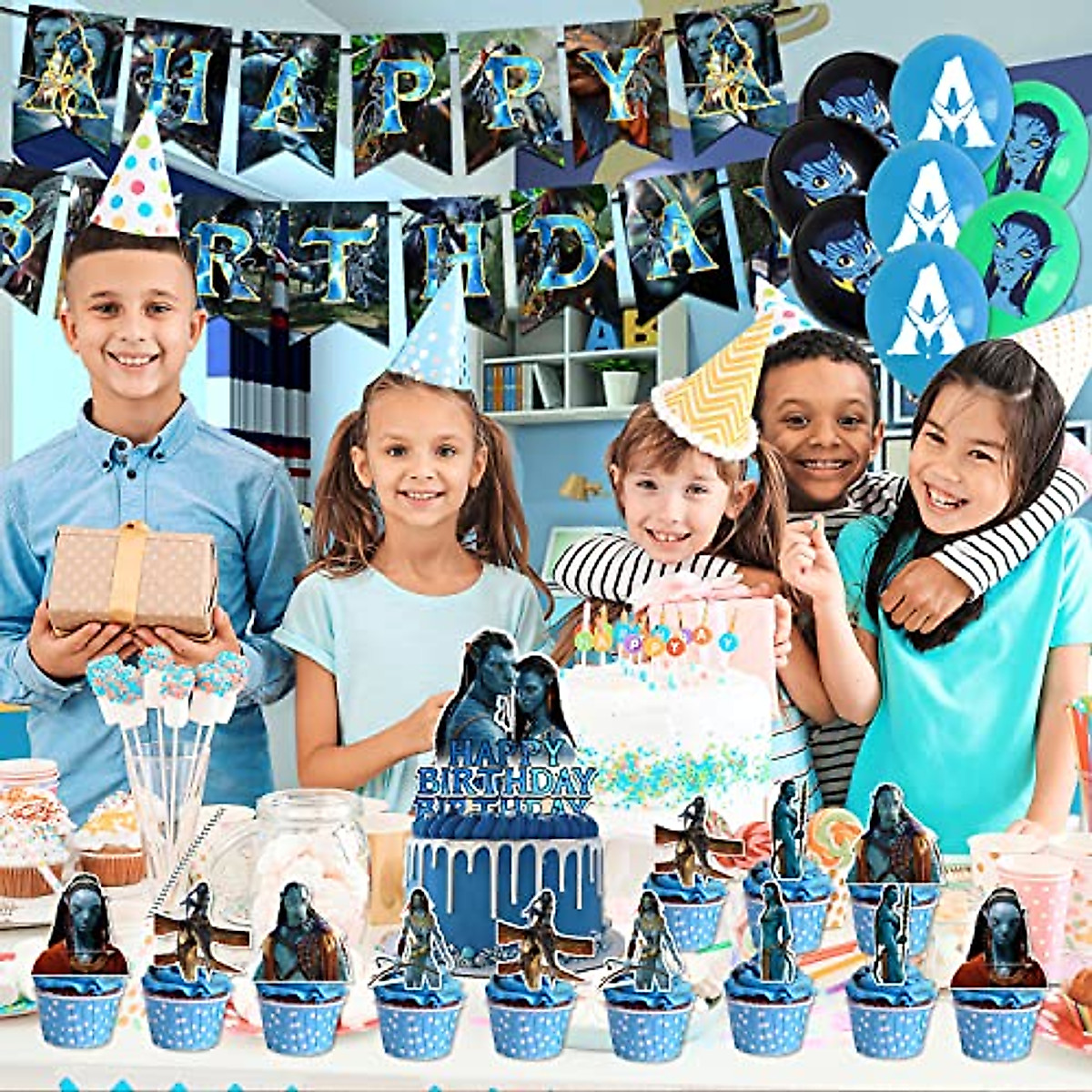 Avatar 2 Birthday Party Decorations, Movie Themed Party Supplies Include Happy Birthday Banners, Cake Topper, Cupcake Toppers, Balloons for Boys and Girls Movie Fans Party Decorations Supplies