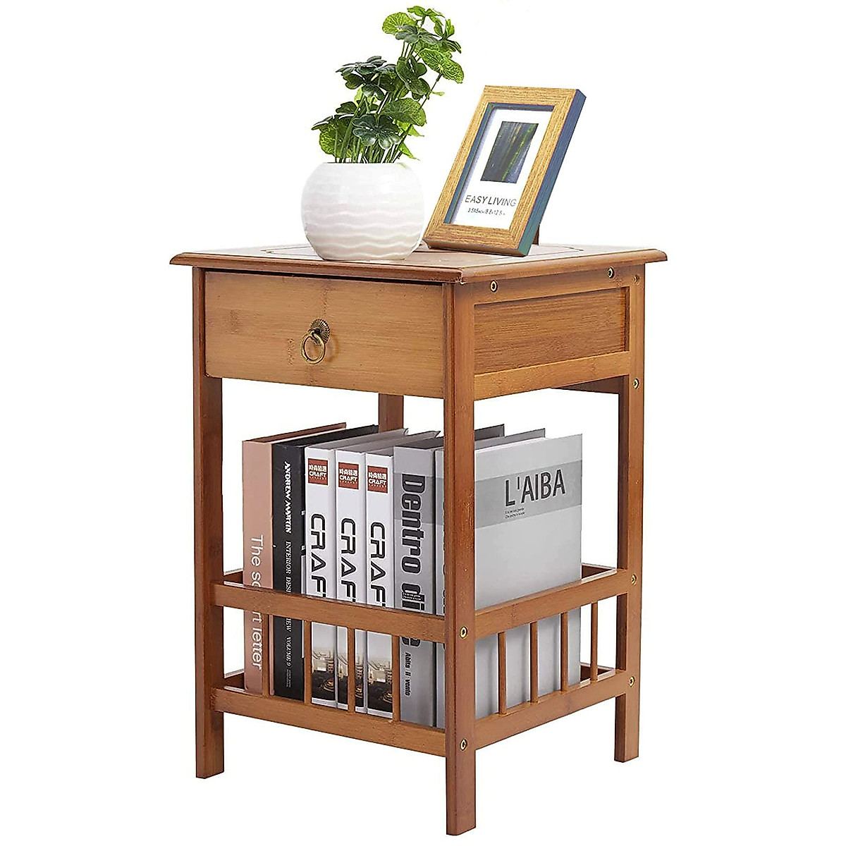 Wisfor Bamboo End Side Table Nightstand with Drawer for Bedroom Bedside (Brown, 2 Tier)