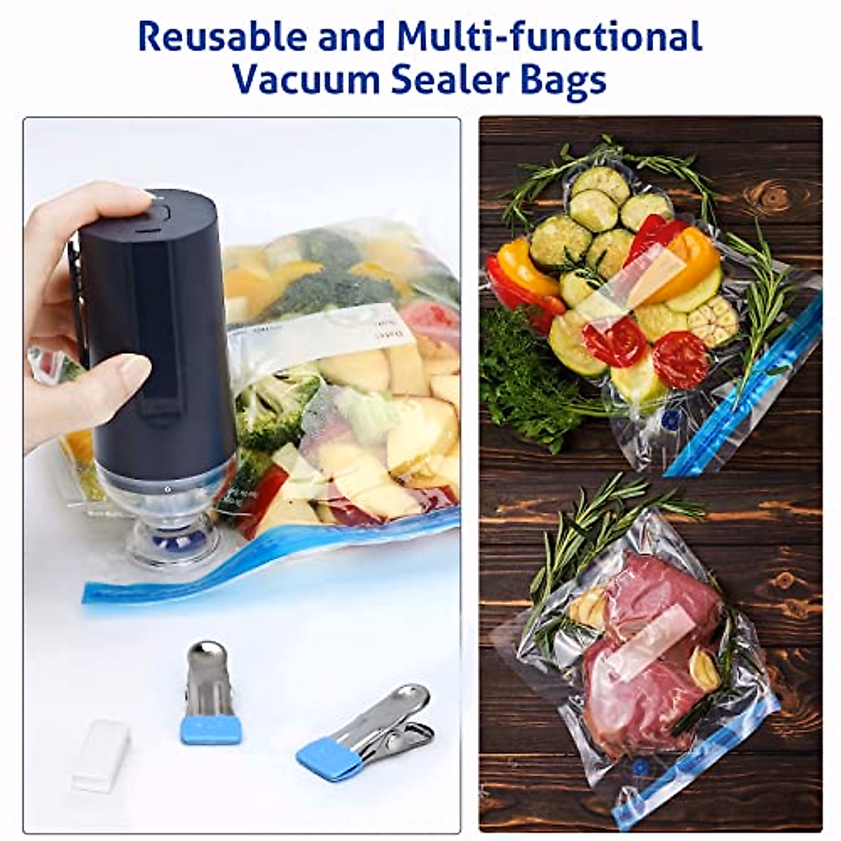 Vacuum Sealer Bags, 35PCS Food Saver Vacuum Sealer Machine Set for Sous Vide Cooking, Handheld Mini Vacuum Sealer with 15 PCS Reusable Sous Vide Bags, 4 Cooking Clips, 4 Sealing Clips & 10 Air Valves