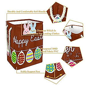 Inhomer Laundry Hamper Easter Bunny and Egg Wooden Background Collapsible Laundry Baskets Firm Washing Bin Clothes Storage Organization for Bathroom Bedroom Dorm