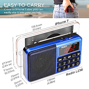PRUNUS 429 Small Radio, Pocket Radio, AM FM Radio USB Charging, Large Button, Neodymium Speaker, Auto Save, USB Flash Drive, SD Card AUX Input MP3, Shortwave Radio for Elderly and Senior(Blue)