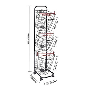 3 Tier Laundry Basket on Wheels, Large Laundry Hampers with 3 Removable Wire Basket, Clothing Sorting Laundry Baskets for Laundry Rooms, Balconies, Toilets, Bedrooms for Daily Necessities
