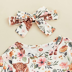 Qiylii Highland Cow Baby Romper Clothes Christmas Infant Girls Heifer Cow Print Flare Long Sleeve Jumpsuit Headband