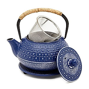 3 Piece Set Blue Japanese Cast Iron Teapot, Loose Leaf Tetsubin with Handle, Stainless Steel Infuser, and Trivet (27 oz, 800 ml)