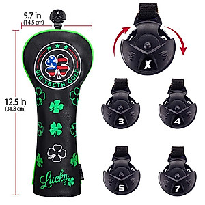 BIG TEETH Golf Head Covers Driver Hybrid Fairway Cover Golf Club Protector Lucky Clover and USA Pattern Black (Driver Cover)