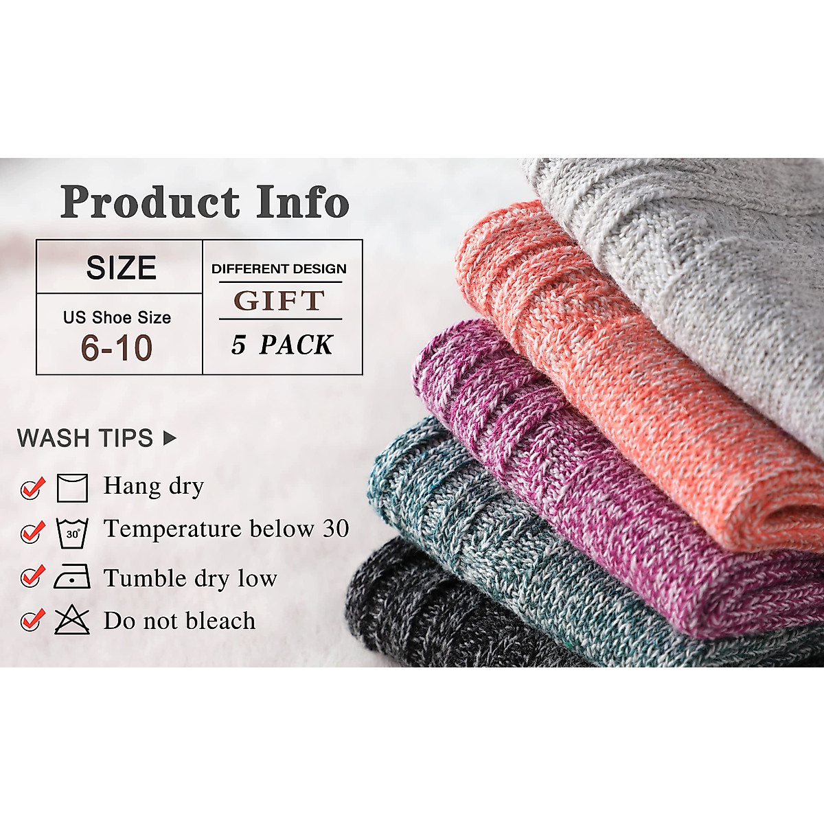 5 Pairs Cozy Thick Wool Socks - Warm and Comfortable Crew Socks for Women and Men, Soft Winter Cabin Socks, Wool Sock Gifts