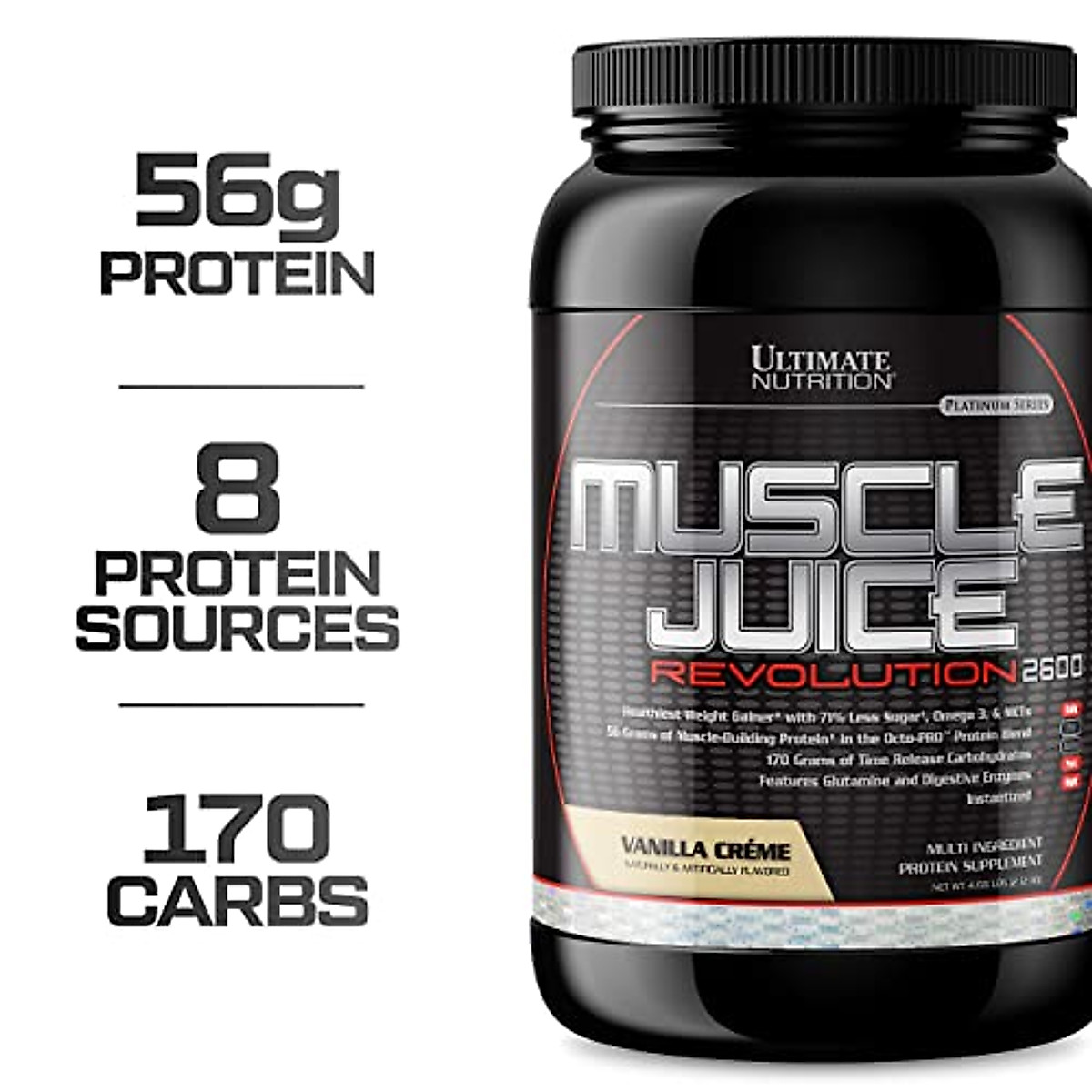 Ultimate Nutrition Muscle Juice Revolution 2600 Weight Gainer, Intestinal Health, and Muscle Recovery with Glutamine, Micellar Casein and Time Release Complex Carbohydrates, Vanilla Protein Powder, 4.69 Pounds