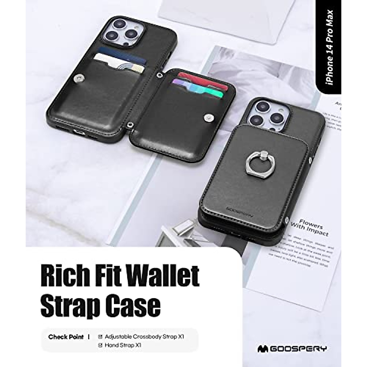 GOOSPERY Rich-Fit iPhone 14 Pro Max Crossbody Wallet Case for iPhone 14 Pro Max Case [Strap Included] with Card Holder Lanyard Magnetic Clasp [Kickstand Ring] Heavy Duty Protection, Black