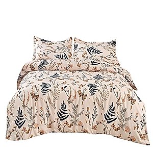 JSD 3 Piece Blush Floral Duvet Cover Set Queen, Soft Botanical Printed Microfiber Comforter Cover Zipper Closure Corner Ties
