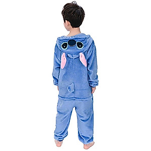 SENSERISE Stitch Costume Onesie Kids Adult Christmas Pajamas Halloween Cosplay Fleece Sleepwear with Slippers Gloves(Blue Kid,125(Height 4'5"-4'9"))