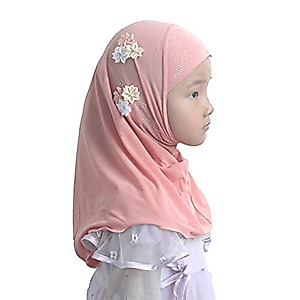 Modest Beauty girls Muslim Islamic Scarf Hijab Handmade flower lovely Rhinestone Headscarf for Kids Orange Pink
