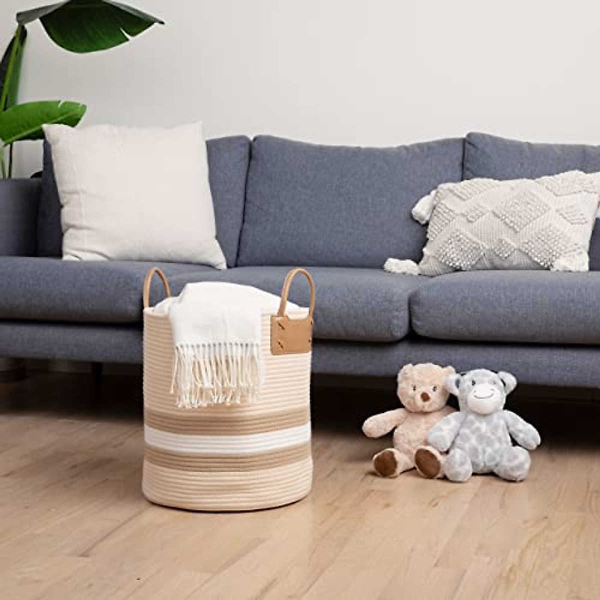 South of Maine Large Blanket Basket with Vegan Leather Handles. Cotton Rope Basket for Blankets, Laundry, Toys, Throw Pillows, Towels. Large Storage Basket for Living Room, Bedroom, Nursery. 14.5x16"