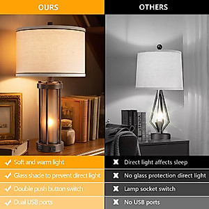 RORIA Set of 2 Farmhouse Table Lamps for Living Room with 2 USB Ports, Vintage Rustic Nightstand Lamps with Amber Glass Nightlight, Retro Desk Lamps for Bedroom Entryway, 4 Bulbs Included (Brown)