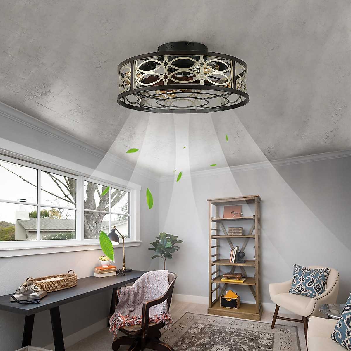 HUEOCZW 20" Caged Ceiling Fan with Light and Remote，bladeless Ceiling Fan 6 Speed Reversible with 4 Bulbs and Remote Control.Low Profile Ceiling Fan with Lights for Bedroom, Dining Room