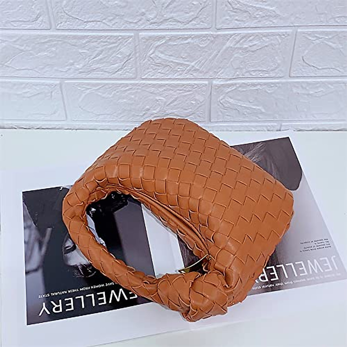 Women Kontted Woven Bag Handbag Hobo Bag Leather Woven Fashion Designer Ladies Clutch Purse Dumpling Shoulder Bag for Women (Caramel Brown)