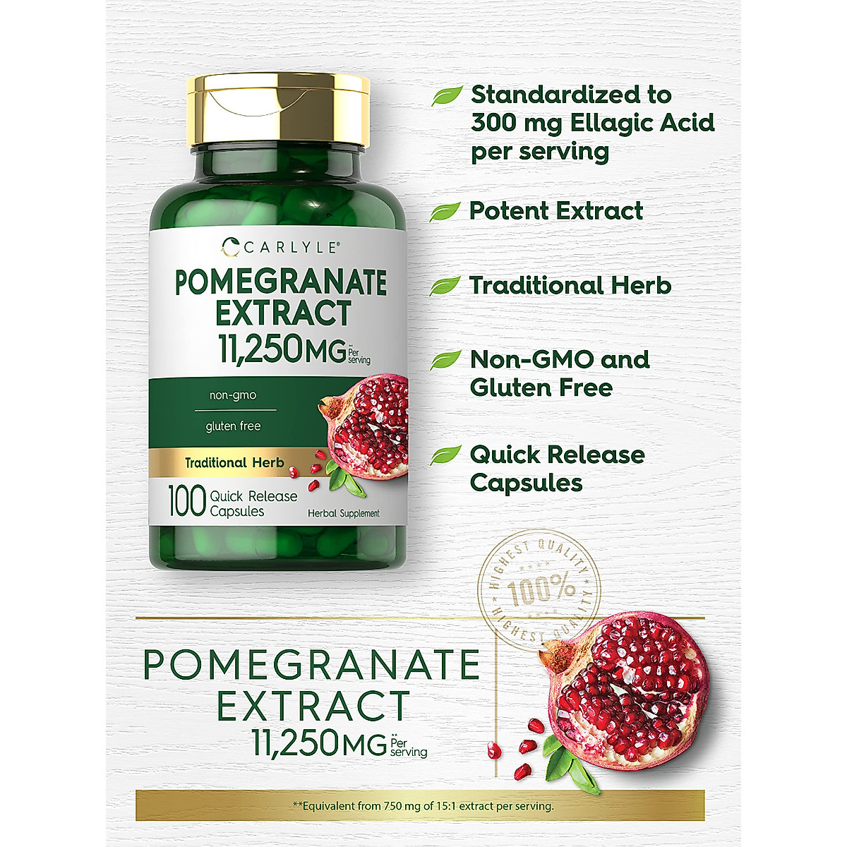 Carlyle Pomegranate Extract | 11250mg | 100 Capsules | Non-GMO, Gluten Free Supplement | Traditional Herb