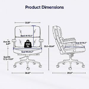Office Chair- Aluminum Arms Thickened Backrest Lumbar Support, Executive Desk Chair, Genuine Grain Leather Thick Padded Strong Aluminum Base Quiet Wheels, Ergonomic Mid Back Leather Computer Chair