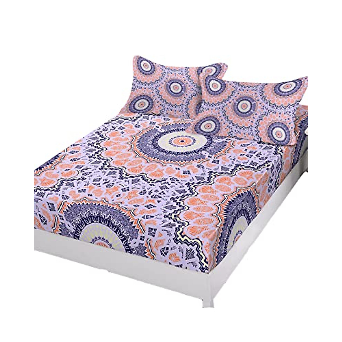 Fitted Sheet Twin XL Size Bed Sheets with Deep Pocket,Indian Mandala Abstract Floral Brushed Microfiber Hotel Bed Sheet with Pillow Case,Ethnic Style Circle Line Block Mattress Cover with Elastic